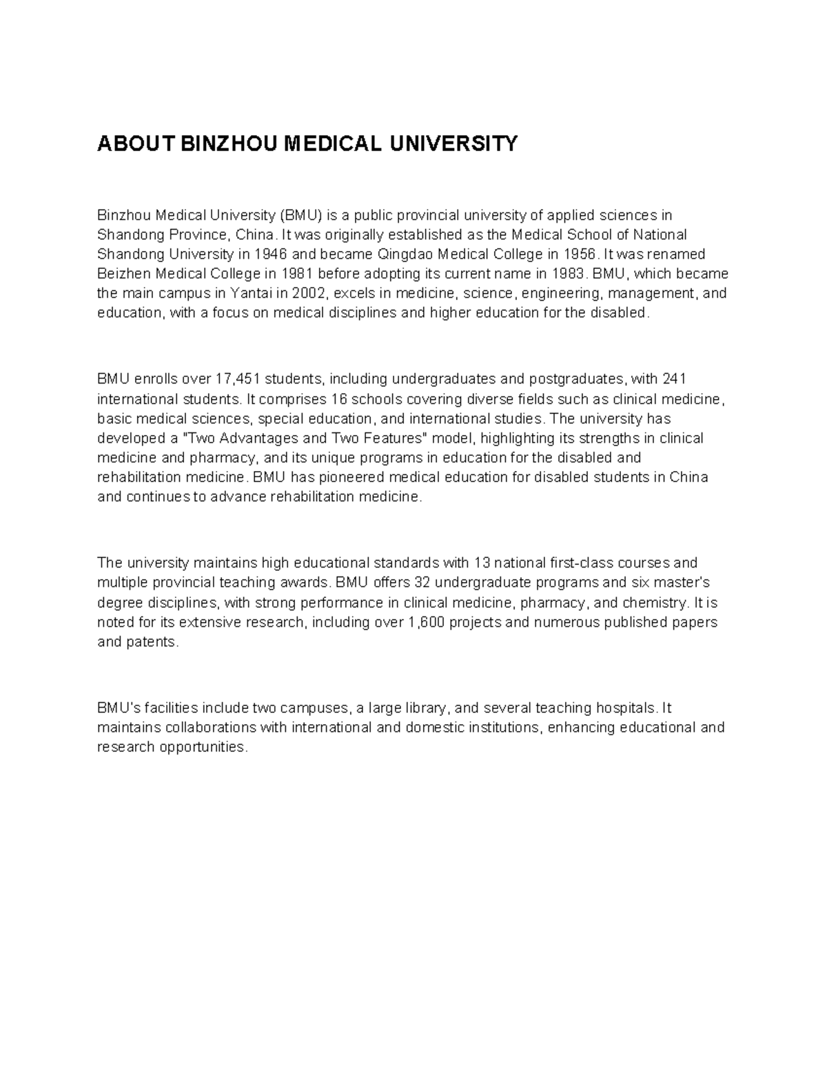 Binzhou Medical University - ABOUT BINZHOU MEDICAL UNIVERSITY Binzhou Medical University (BMU ...