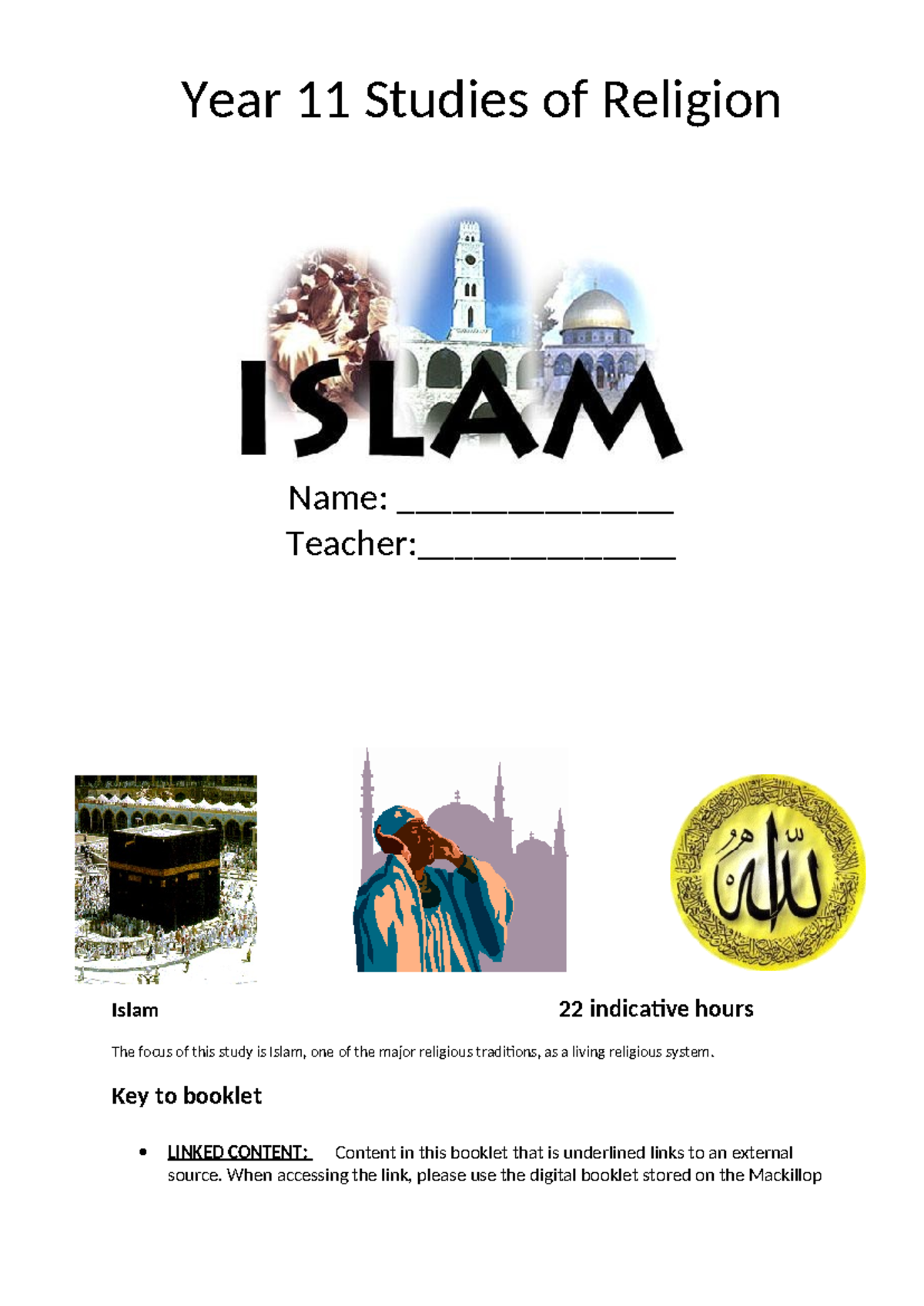 Islam Booklet Prelim - Year 11 Studies of Religion Name ...