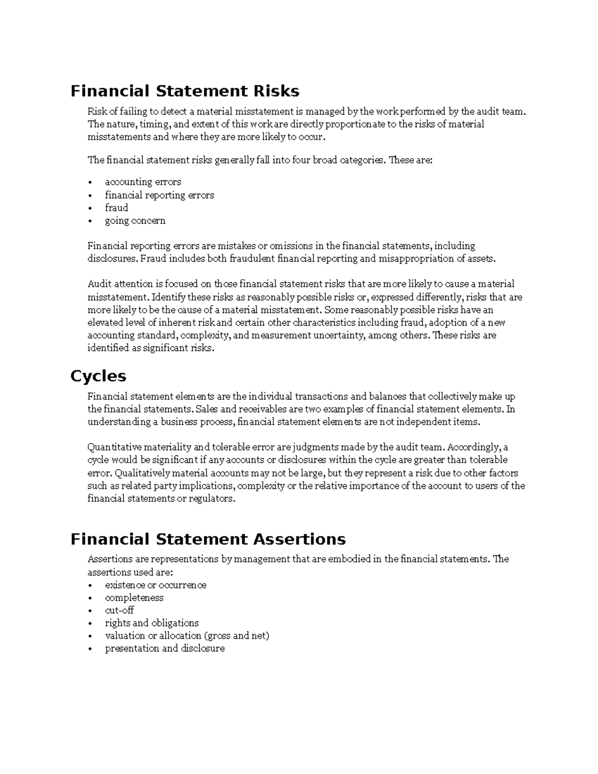 Summary Risk Assessment and Audit Evidence - Financial Statement Risks ...