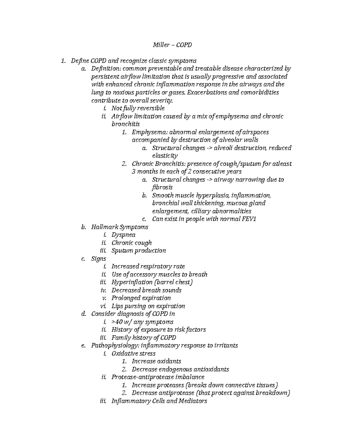 Miller – COPD - Learning Objectives - Miller – COPD 1. Define COPD and ...