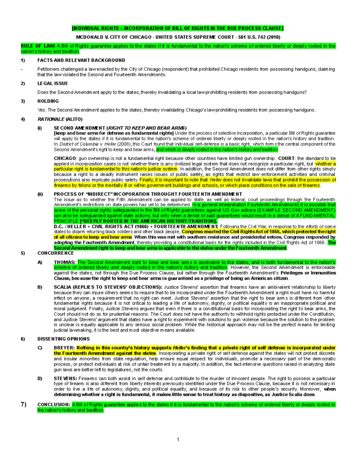 INDIVIDUAL RIGHT (ConLaw) - Case brief MCDONALD v. CHICAGO & class ...