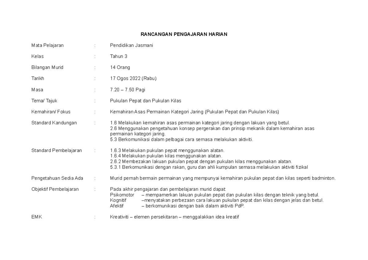 RPH PJ Tahun 3 (17Ogos2022) - RANCANGAN PENGAJARAN HARIAN Mata ...