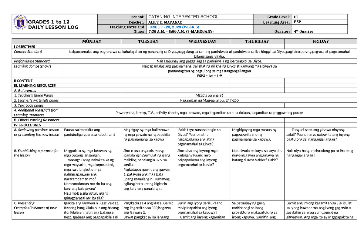 Grade 3 DLL ESP 3 Q4 Week 8 - GRADES 1 to 12 DAILY LESSON LOG School: CATANING INTEGRATED SCHOOL ...