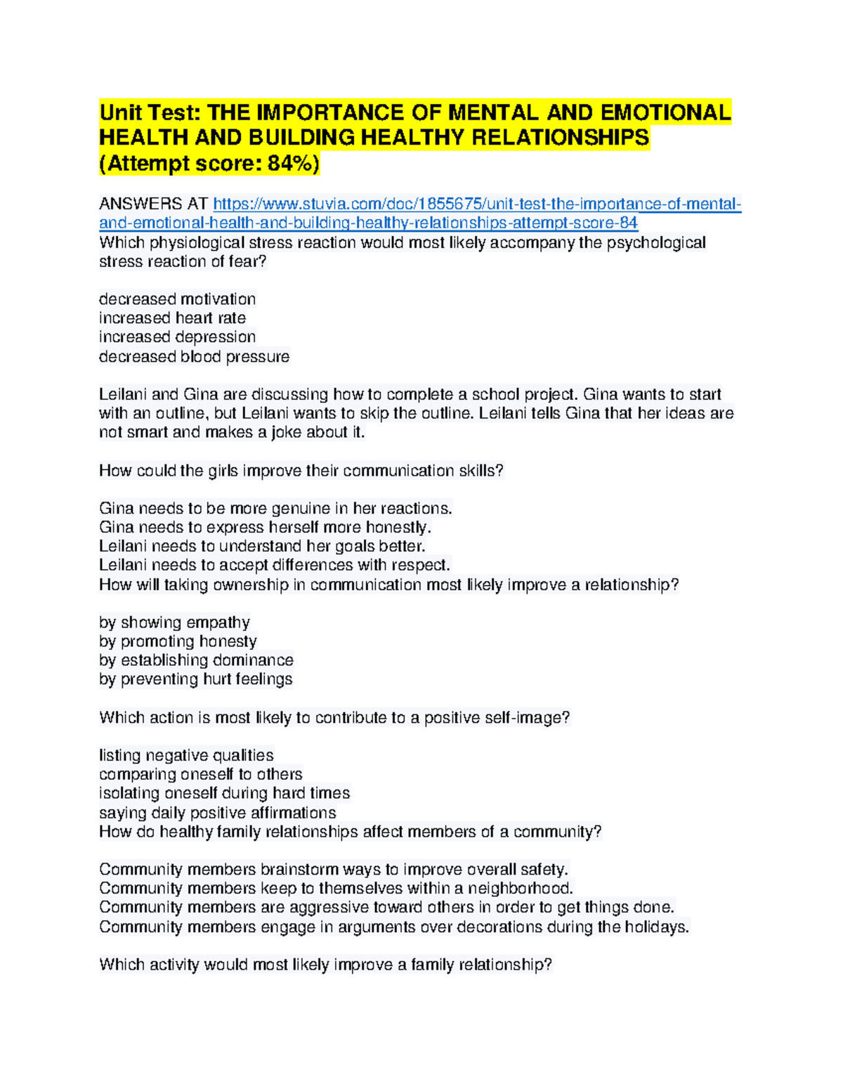 Unit Test THE Importance OF Mental AND Emotional Health AND Building ...