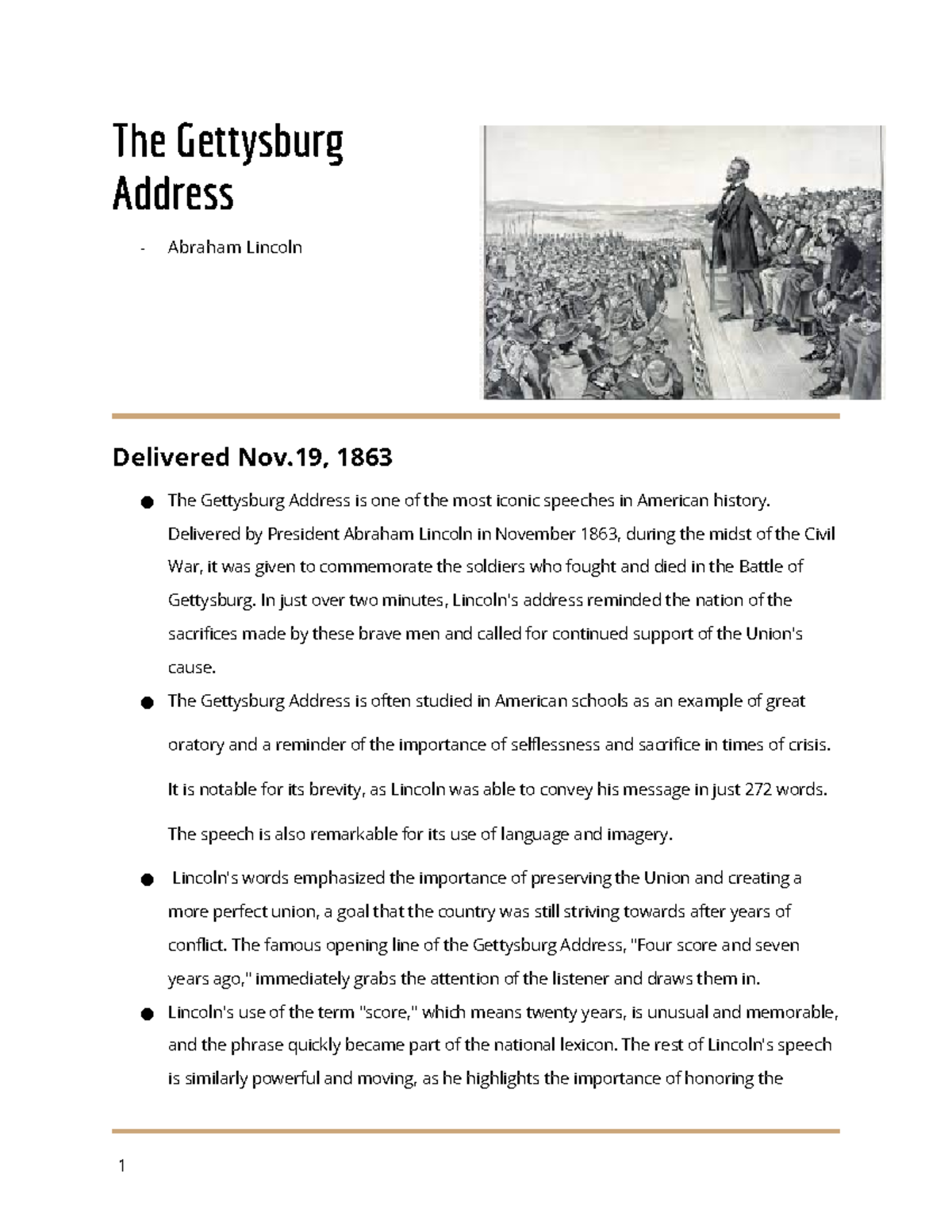 Class notes - The Gettysburg Address - Abraham Lincoln Delivered Nov ...