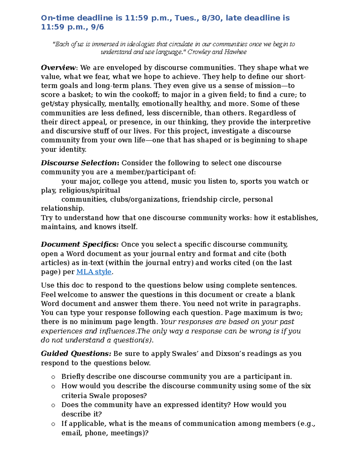 Discourse Communities Response Exercise (2) (1) - On-time deadline is ...