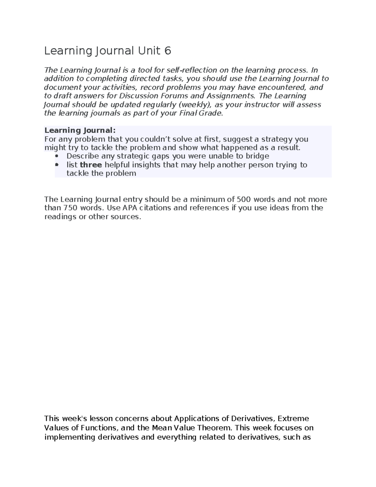 MATH 1211 - Learning Journal Unit 6 - Learning Journal Unit 6 The Learning Journal is a tool for ...