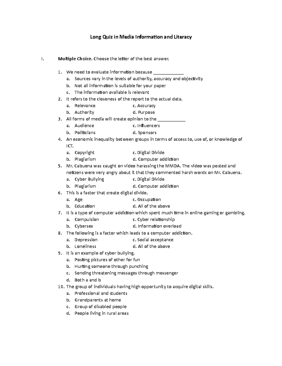 MIL - Content - Long Quiz in Media Information and Literacy I. Multiple ...