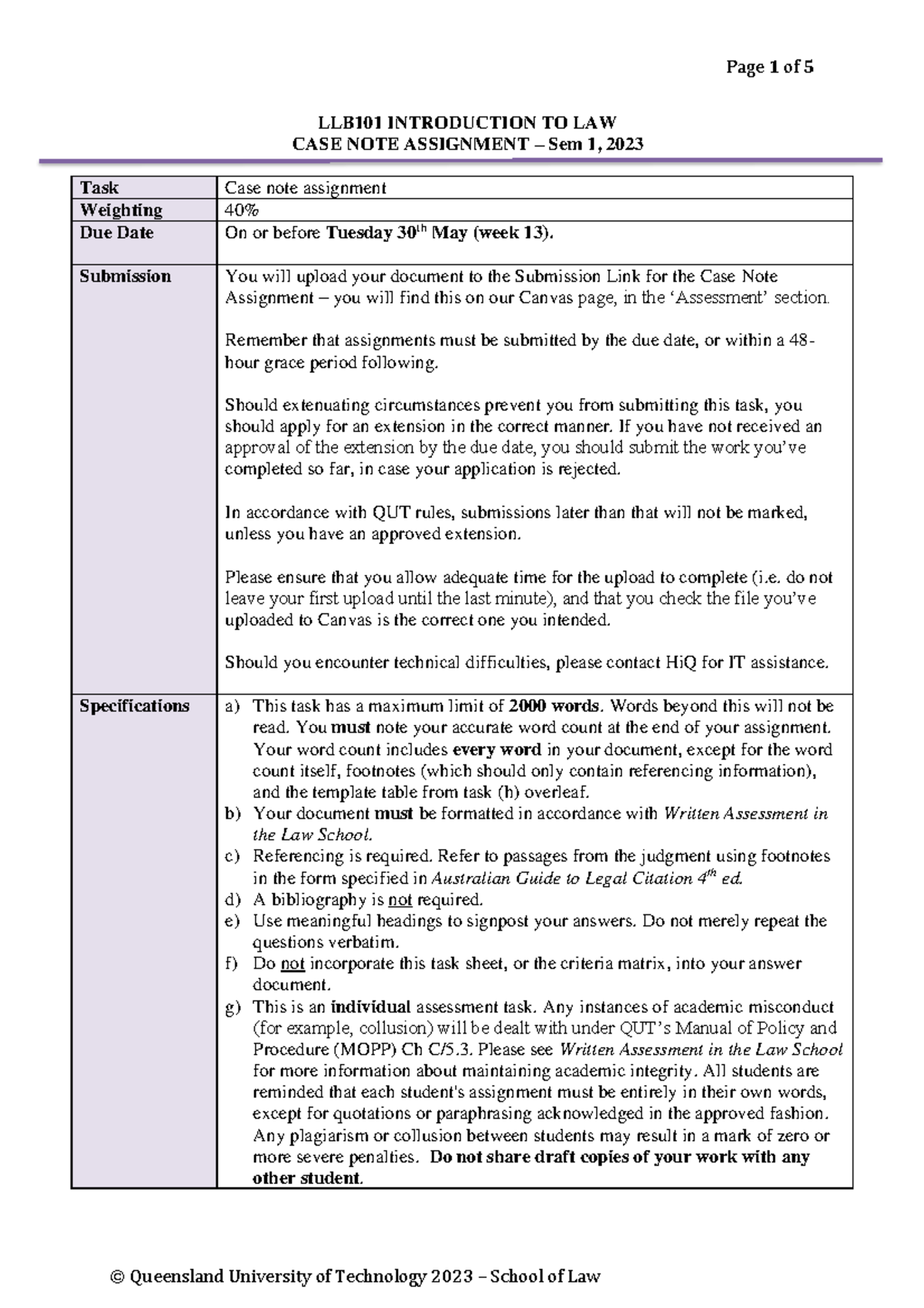 Task Sheet Case Note Assignment 23 1 - LLB101 INTRODUCTION TO LAW CASE ...