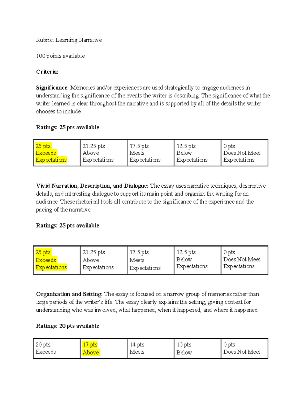 Rubric-Learning Narrative - Rubric: Learning Narrative 100 points ...