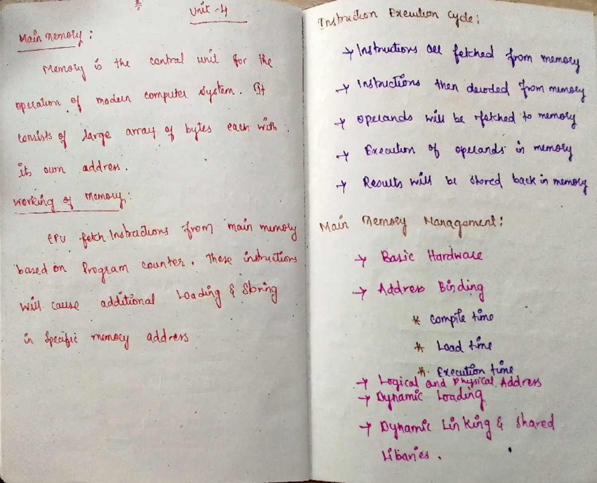 OS UNIT 4 - Instruction Execution cycle: Main memory : Memory is the ...