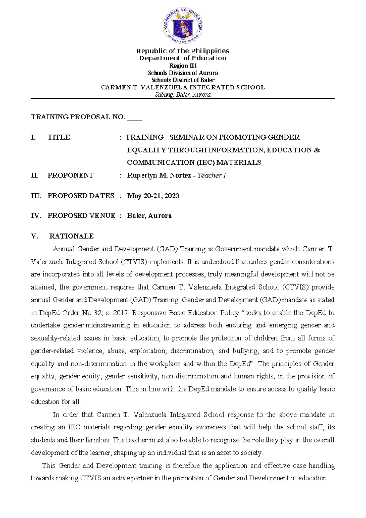 Gender and Development Training Proposal - Department of Education ...