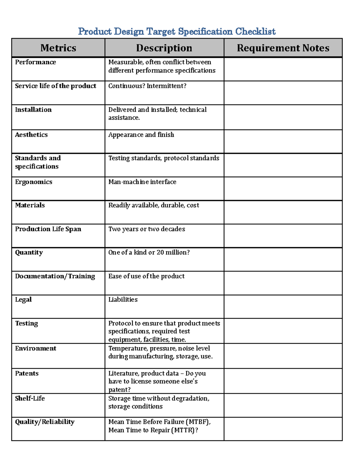 Product Design Target Specs Checklist - Product Design Target ...