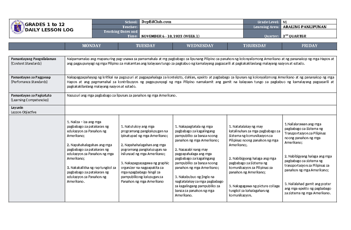DLL Araling Panlipunan 6 Q2 W1 - GRADES 1 to 12 DAILY LESSON LOG School: DepEdClub Grade Level ...