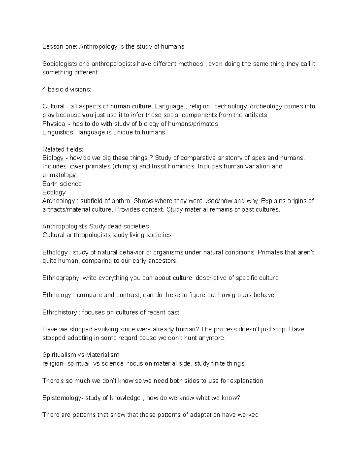 Anthropology notes - Lesson one: Anthropology is the study of humans ...