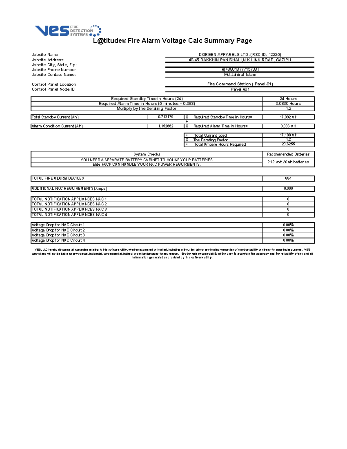 Battery Calculation for Panel (LV102H4-10) - Jobsite Address: Jobsite ...