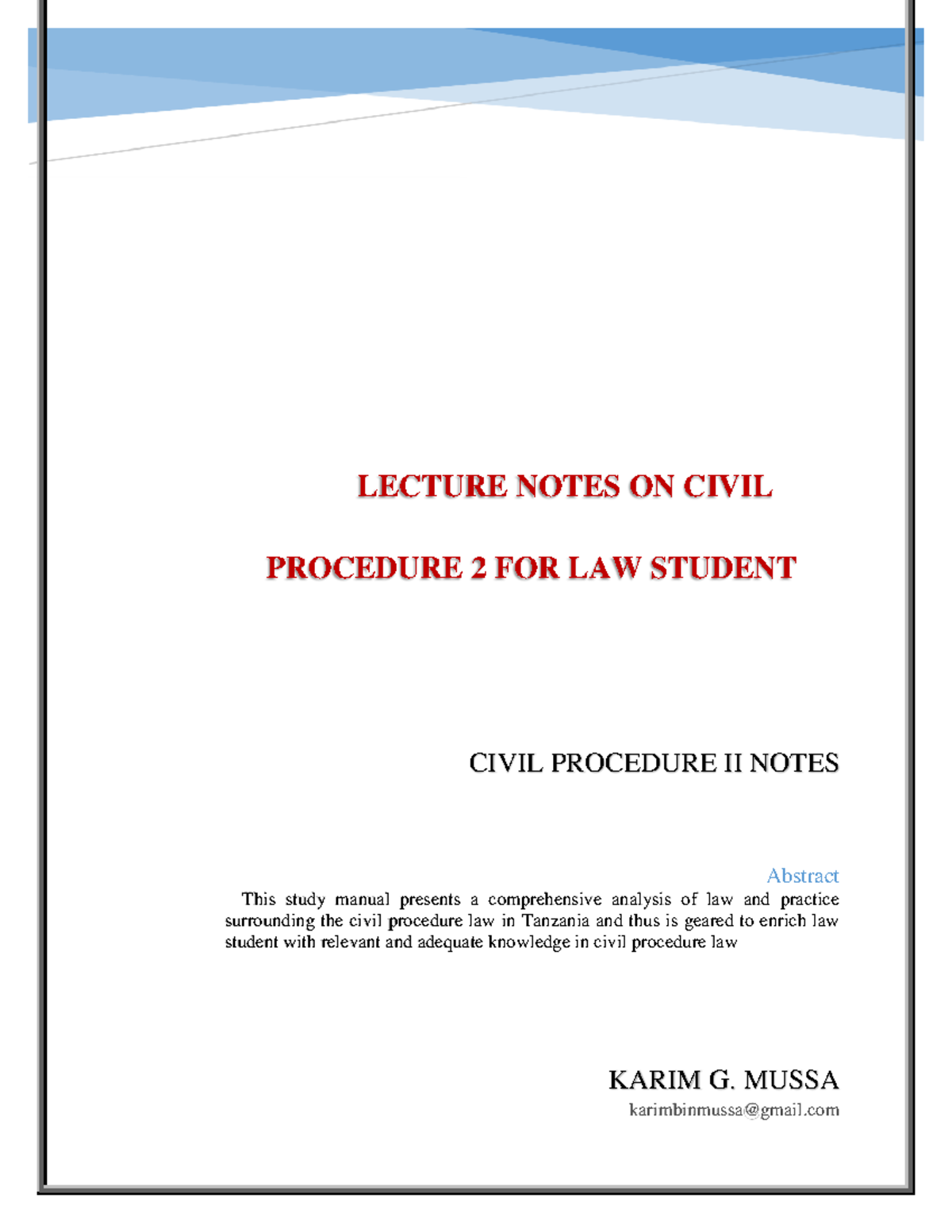 Lecture Notes ON Civil Procedure 2 FOR LAW Students Karim Mussa ...