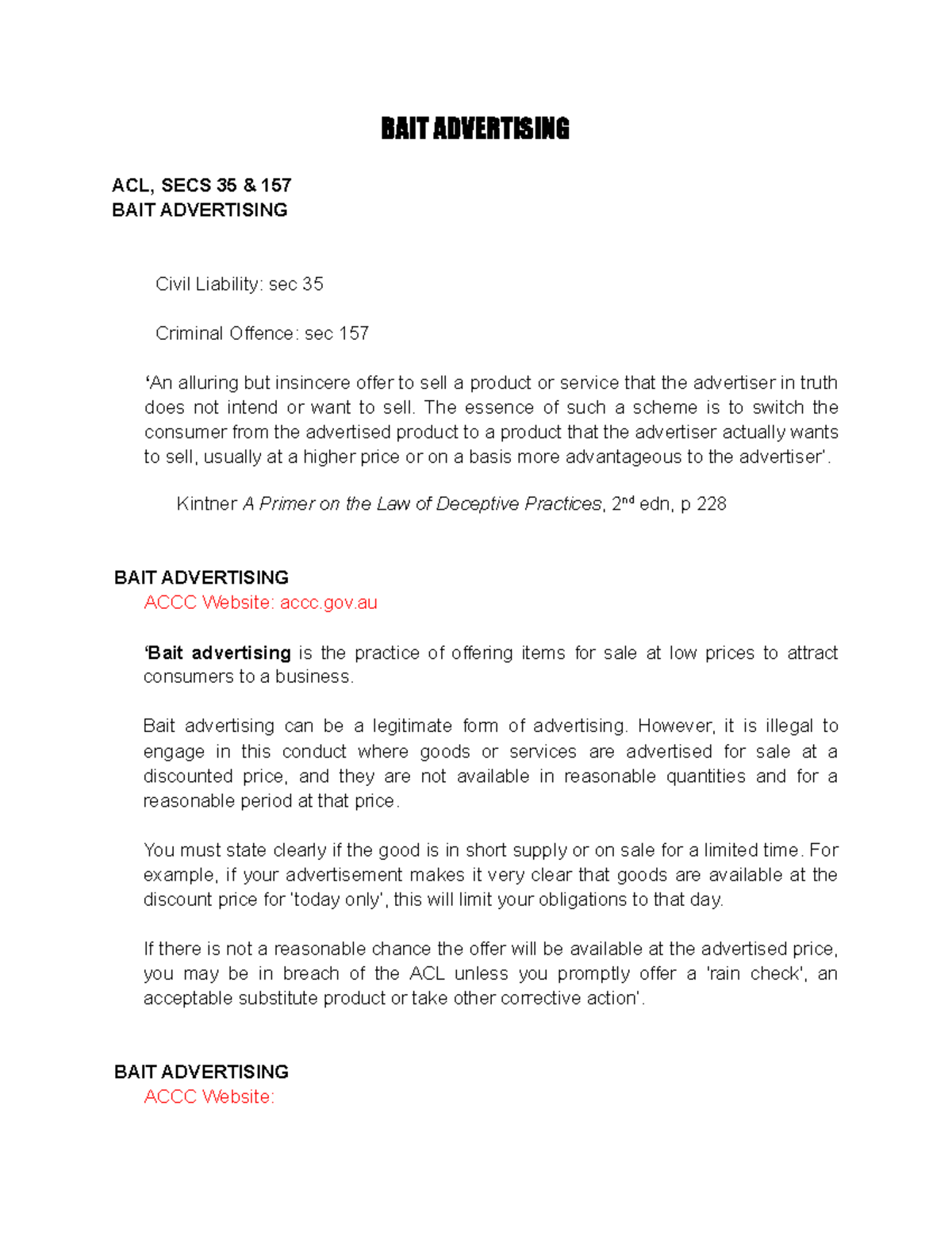 BAIT Advertising - BAIT ADVERTISING ACL, SECS 35 & 157 BAIT ADVERTISING ...