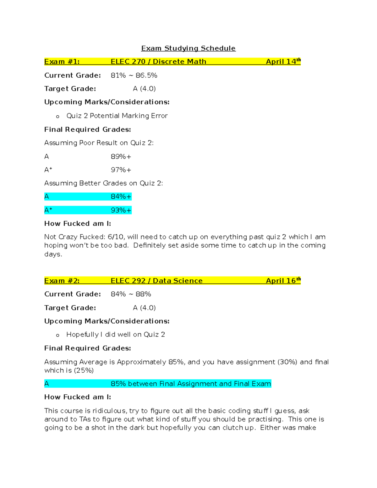 Exam Studying Schedule - Exam Studying Schedule Exam #1: ELEC 270 ...