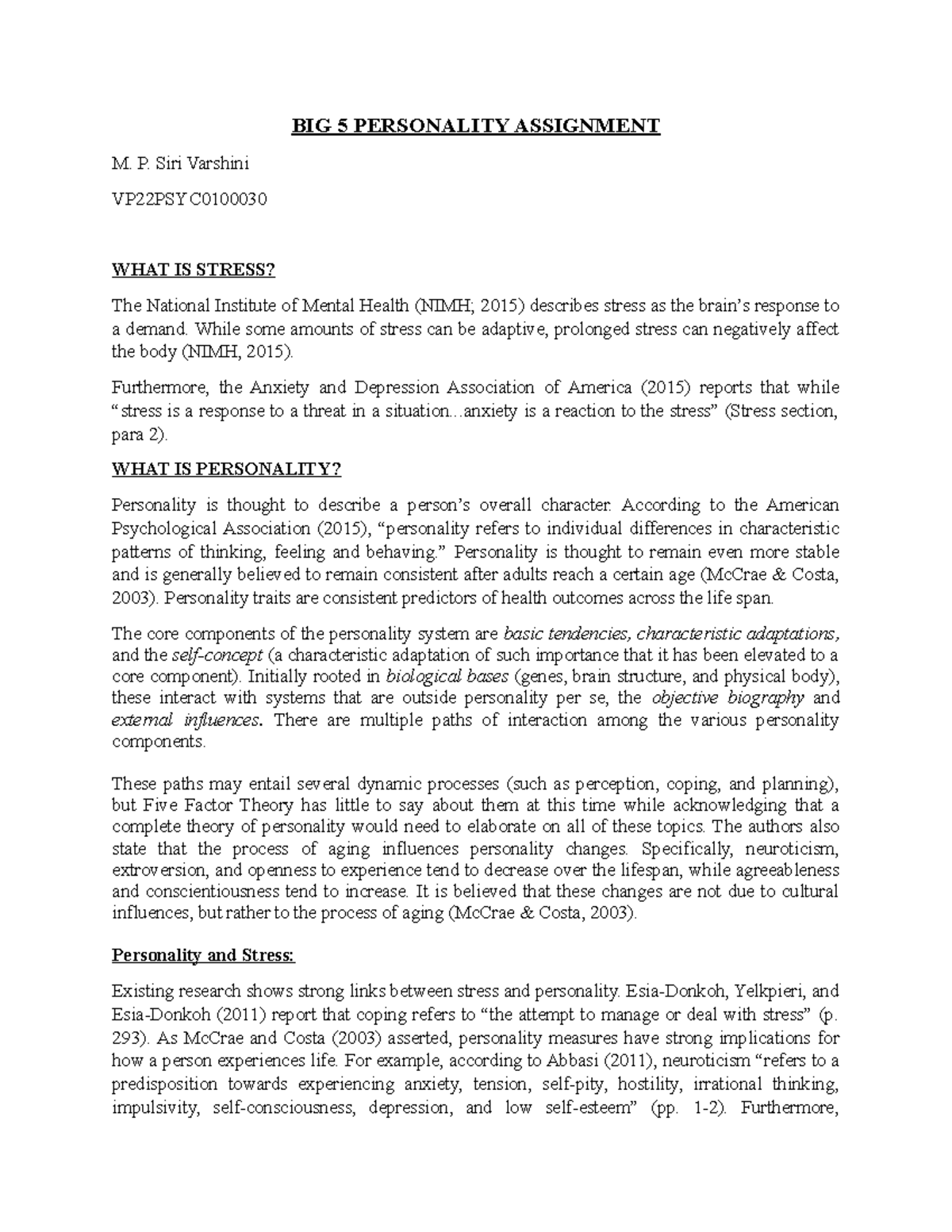 BIG 5 Personality Assignment - BIG 5 PERSONALITY ASSIGNMENT M. P. Siri ...