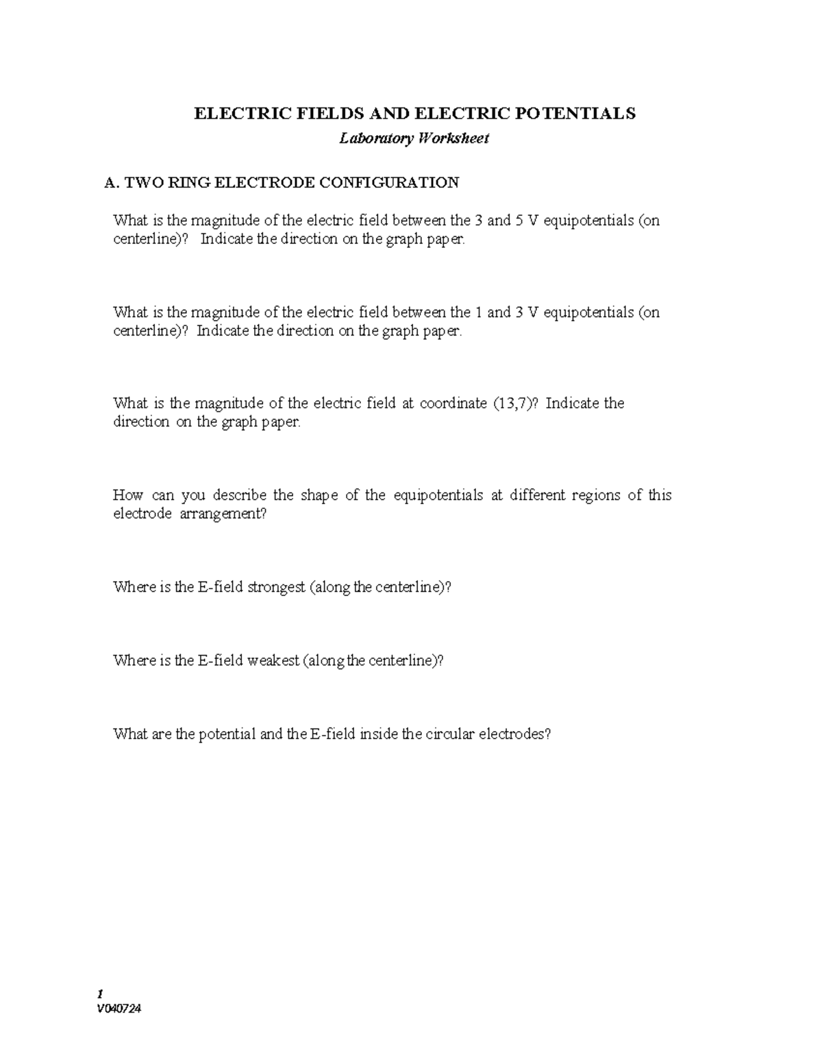 1 Electric Fields AND Electric Potentials Worksheet 040724 - ELECTRIC ...