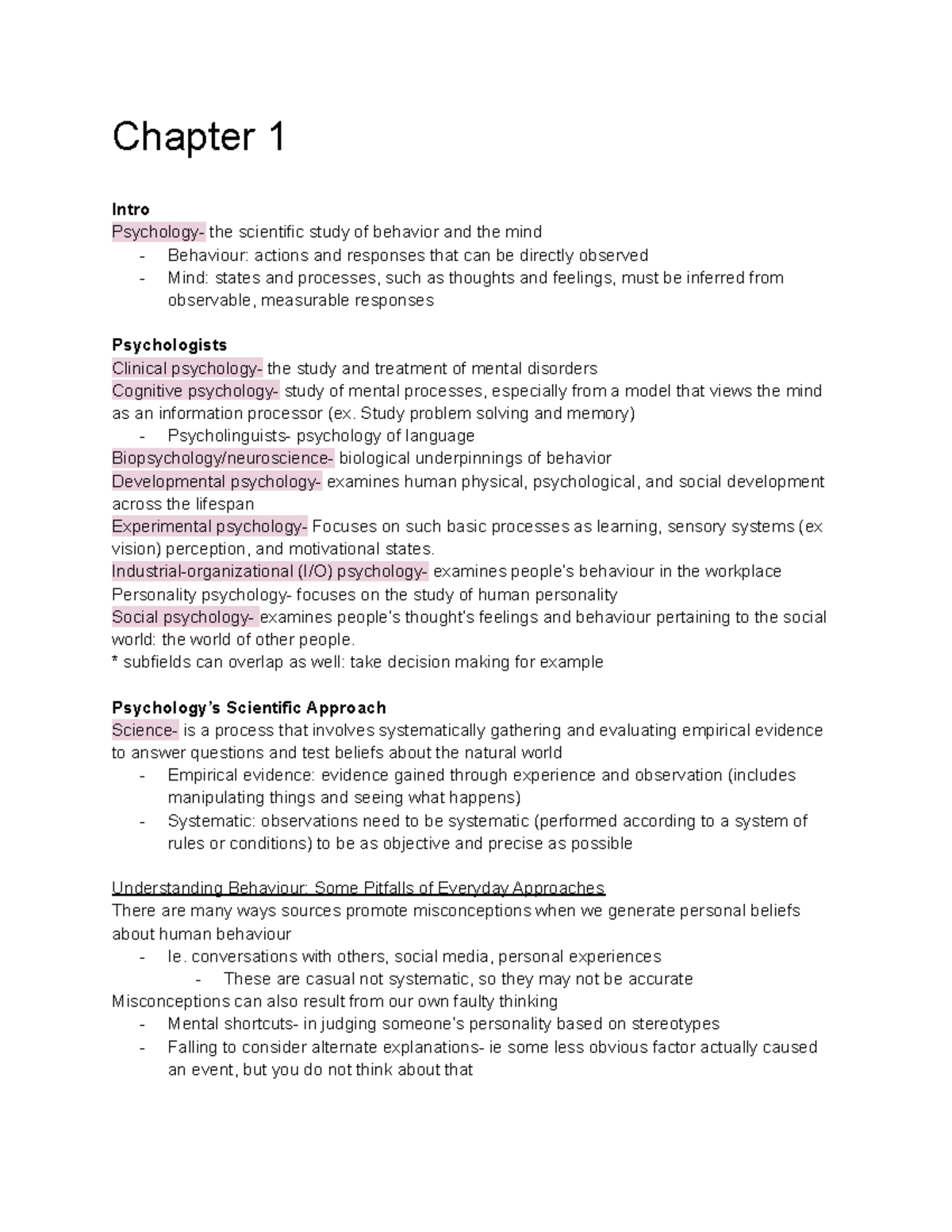 Psych 1002 Compiled Notes - Chapter 1 Intro Psychology- the scientific ...