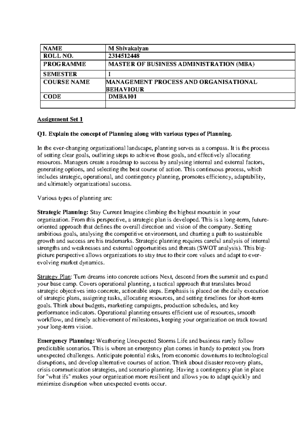 Assignment DMBA101 MBA 1 Set-1 and 2 Aug 2023 - NAME M Shivakalyan ROLL ...