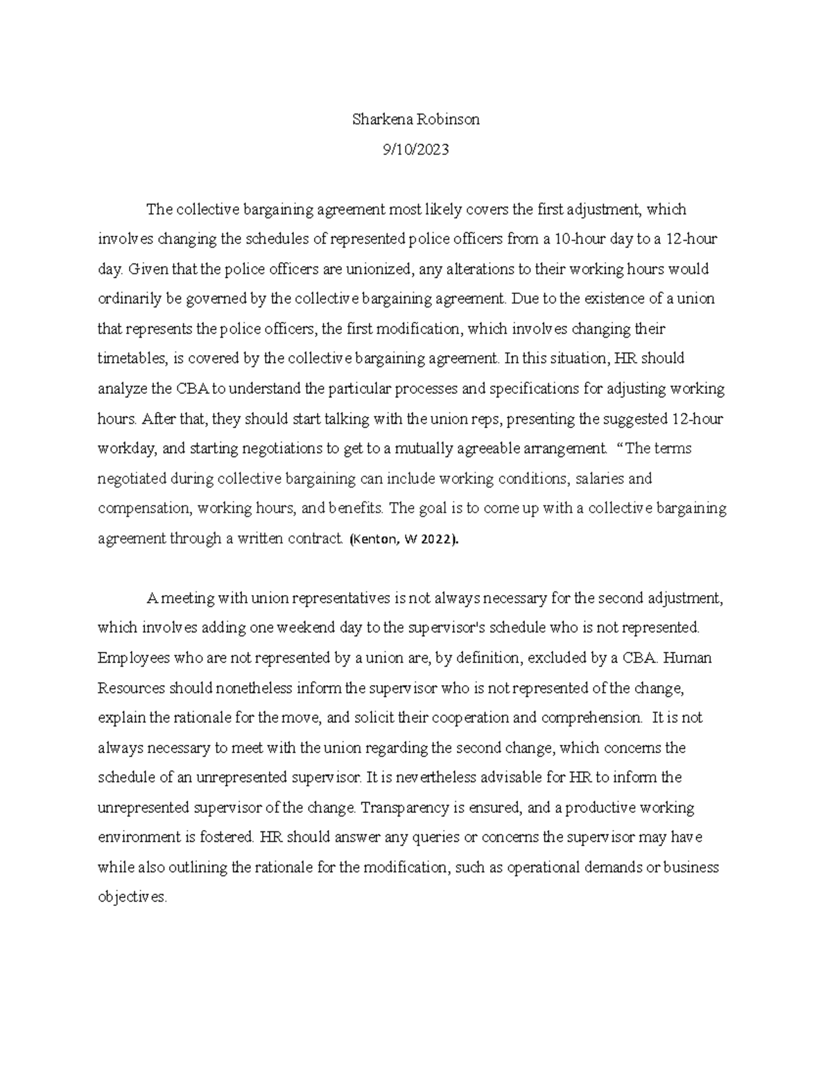 Part 2 emp rel - Employee Relation - Sharkena Robinson 9/10/ The ...