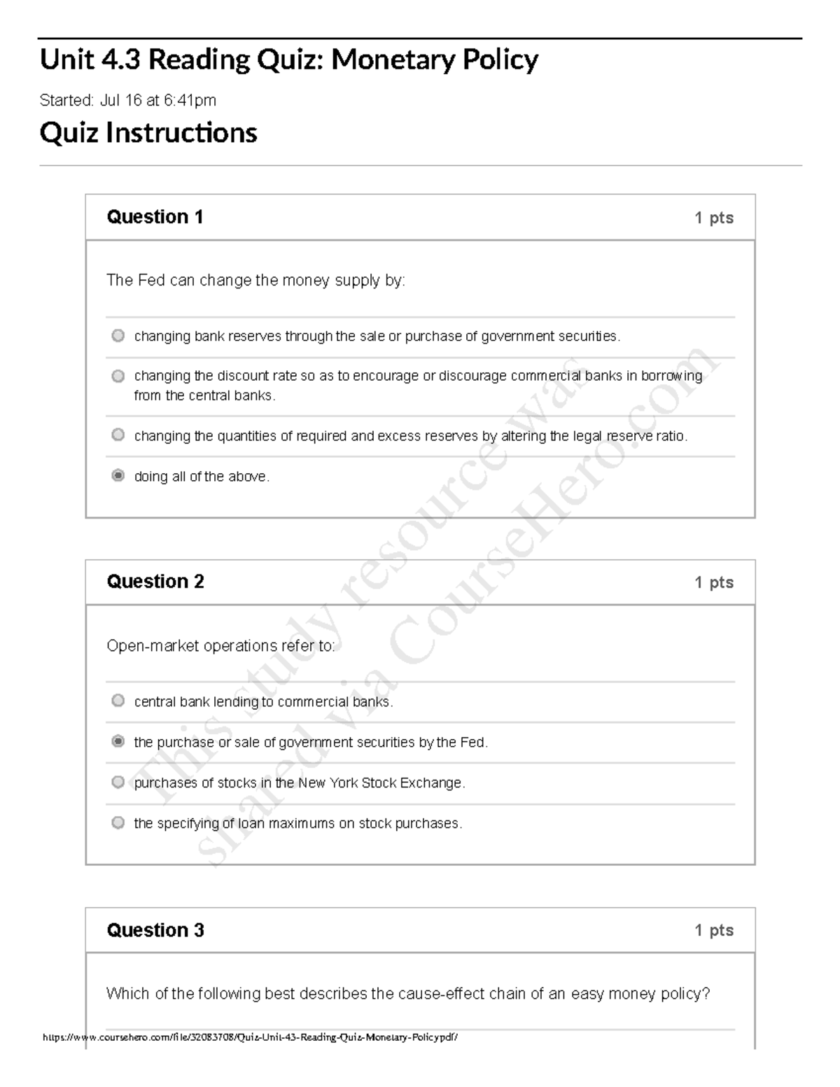 Quiz Unit 4 - Quiz materials - Unit 4 Reading Quiz: Monetary Policy ...