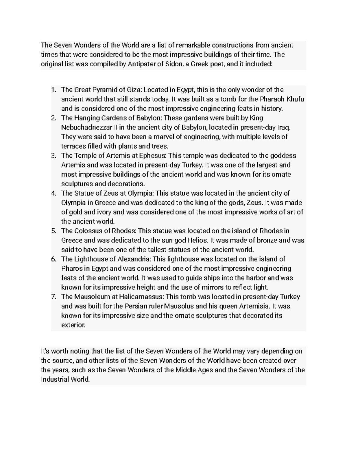 7 wonders of the world essay - The Seven Wonders of the World are a ...
