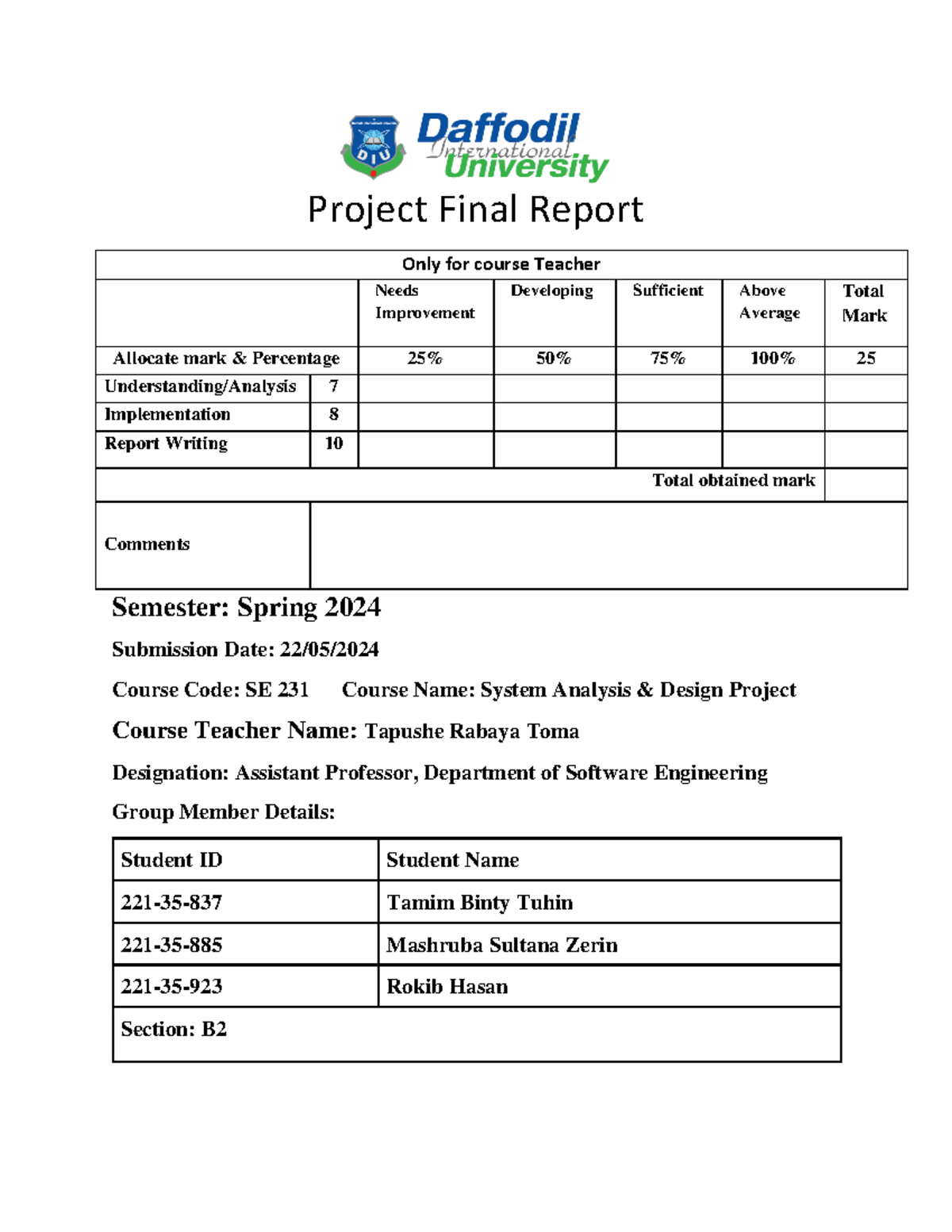 Project Report (221-35-885) - Project Final Report Only for course ...