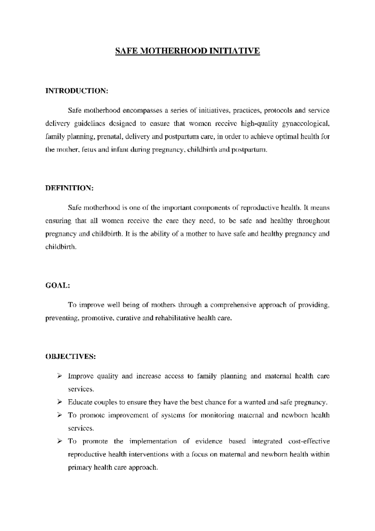 Safe Motherhood Initiative - Bsc nursing - Studocu
