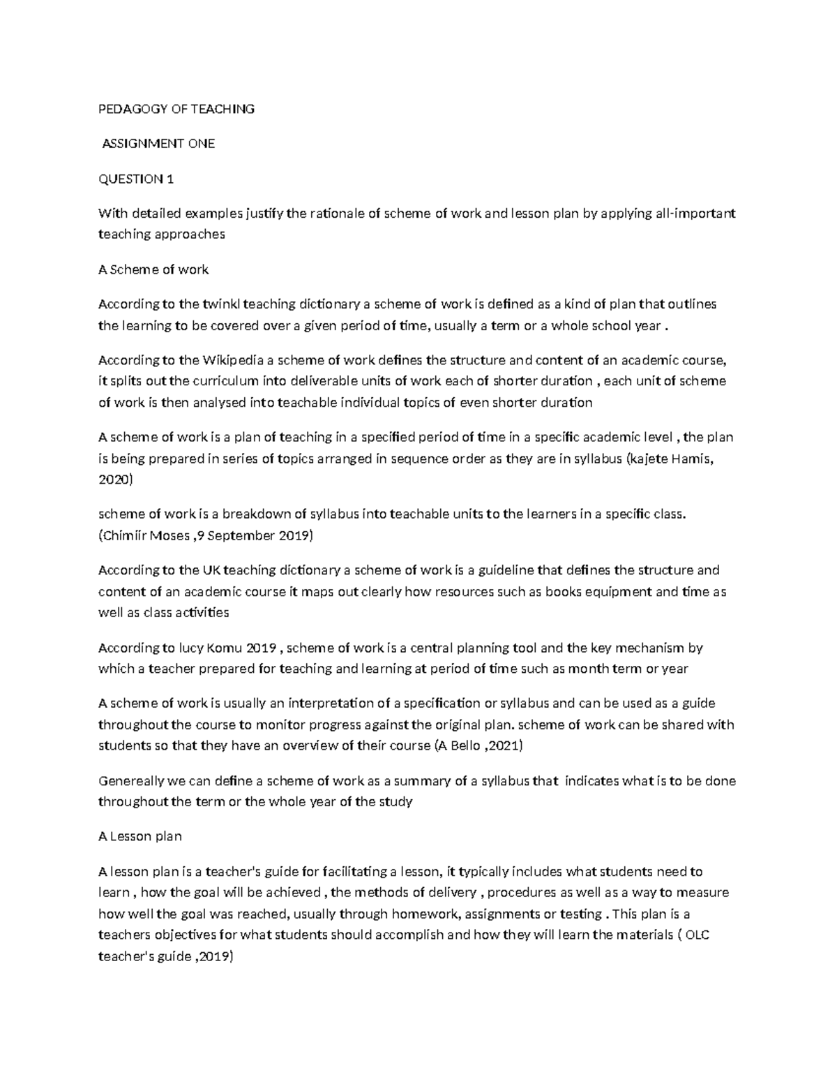 Pedagogy As 1 - Thanks - PEDAGOGY OF TEACHING ASSIGNMENT ONE QUESTION 1 ...
