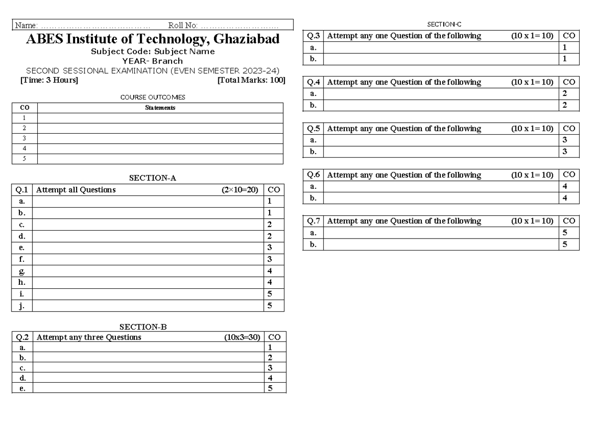 QP Template Second Sessional B. Tech (3rd Year-4th Year ) - Name: - Studocu