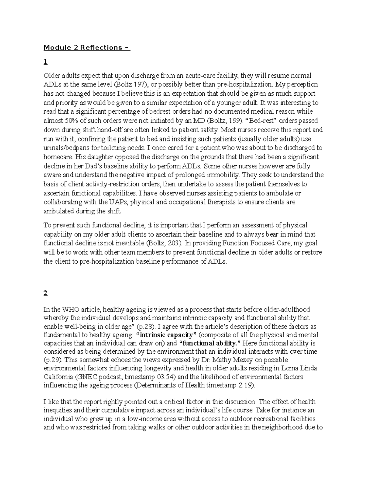 Module 2 Reflection - Module 2 Reflections – 1 Older adults expect that ...