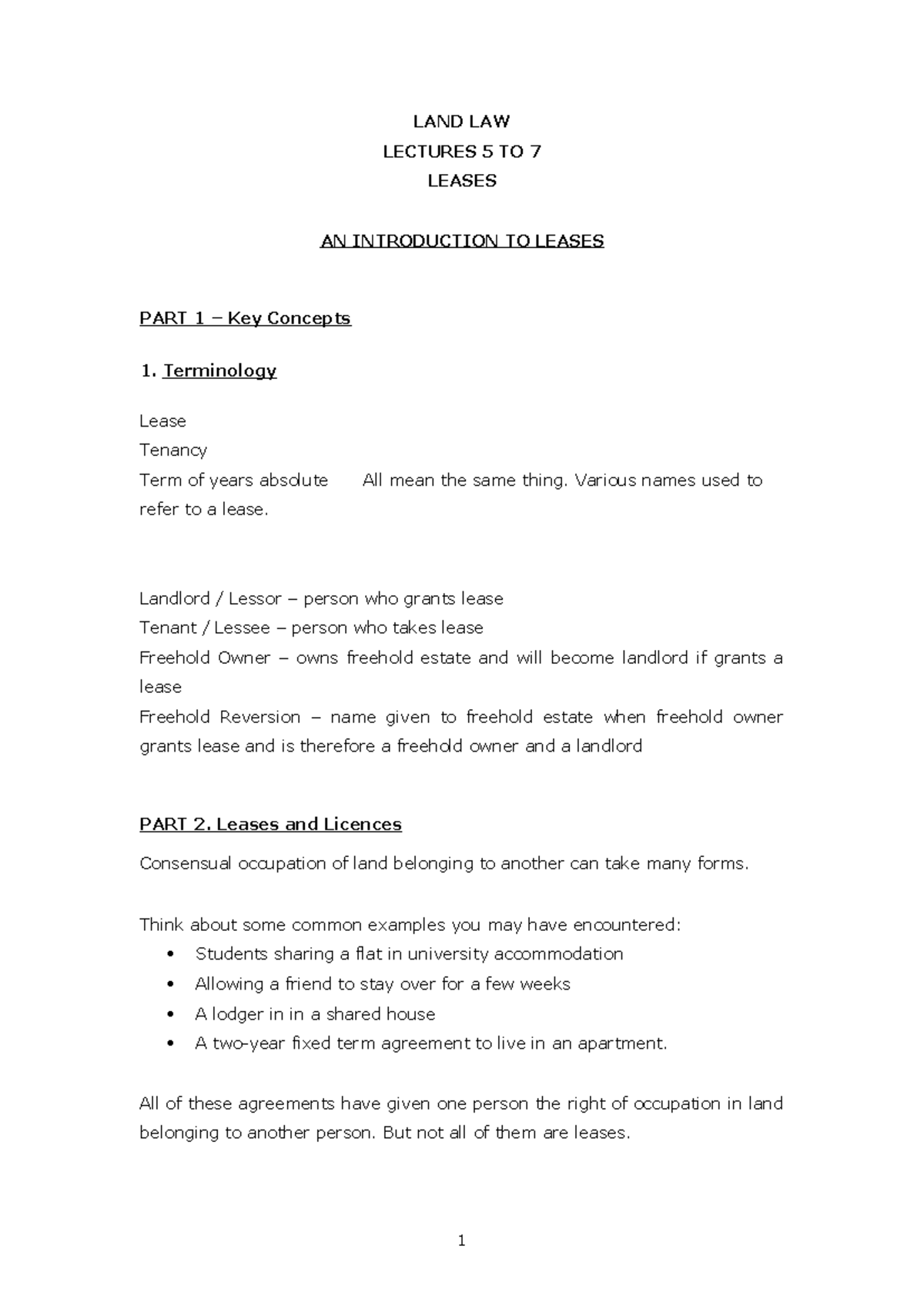 Lecture 5 - 7 - Lectures Outline - Leases - LAND LAW LECTURES 5 TO 7 LEASES AN INTRODUCTION TO ...
