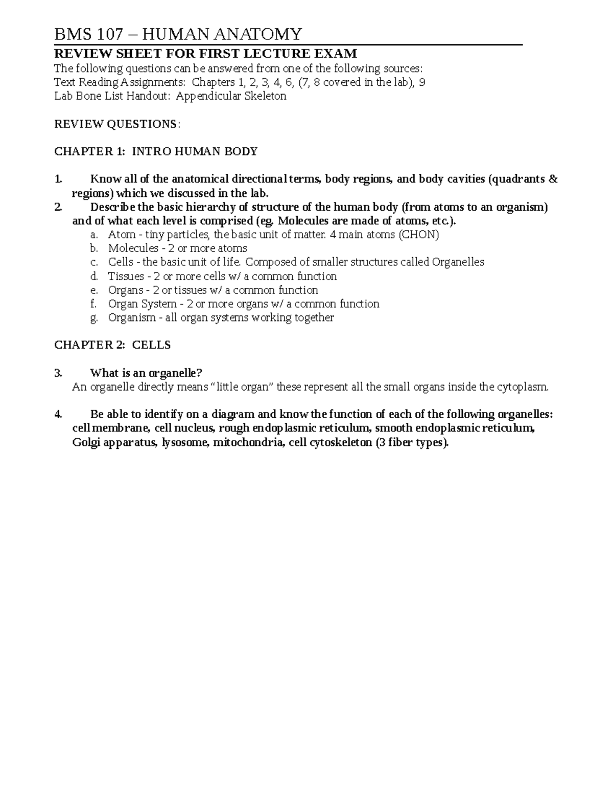 Study Guide 1 - BMS 107 – HUMAN ANATOMY REVIEW SHEET FOR FIRST LECTURE ...