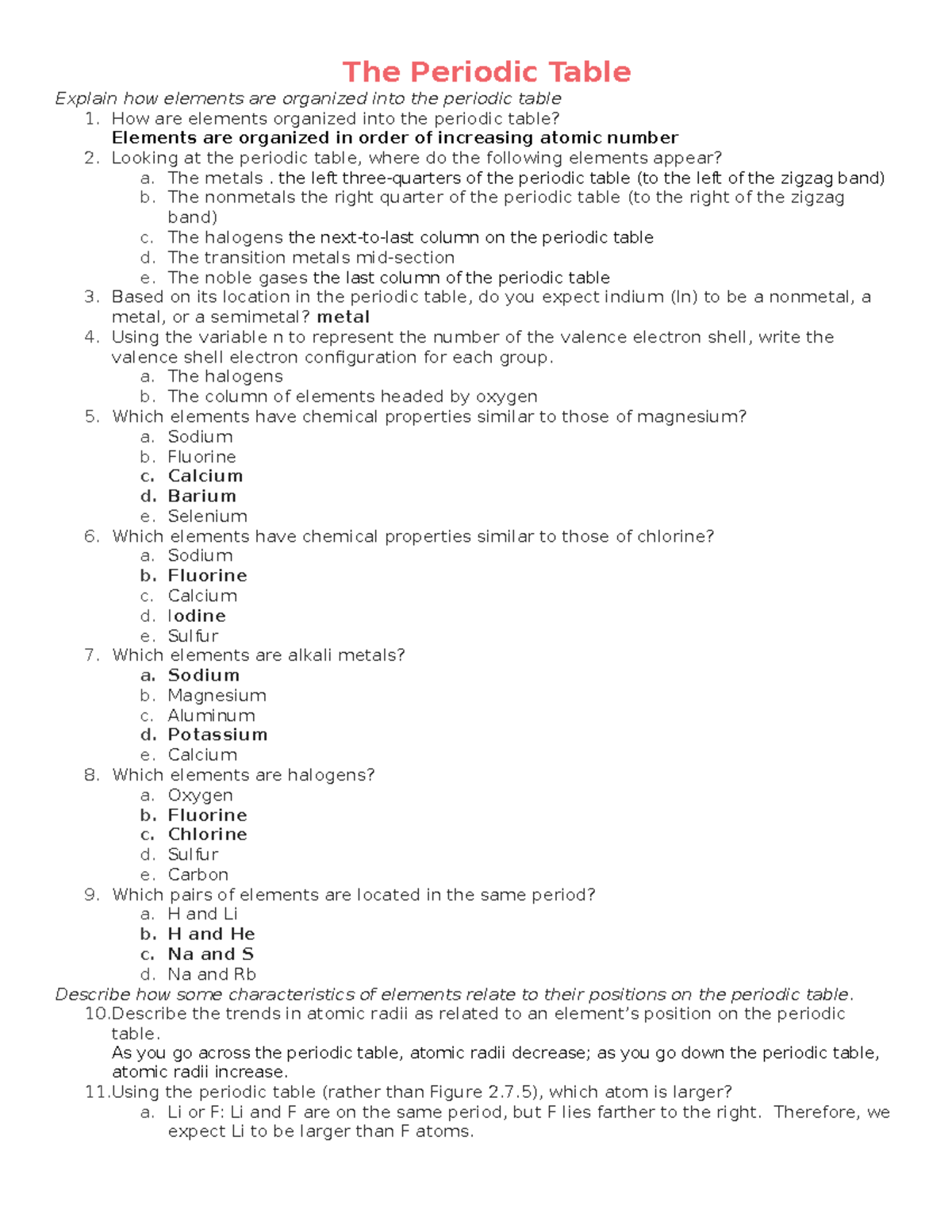 Section 2.7 Worksheet - class practice assignment - The Periodic Table ...