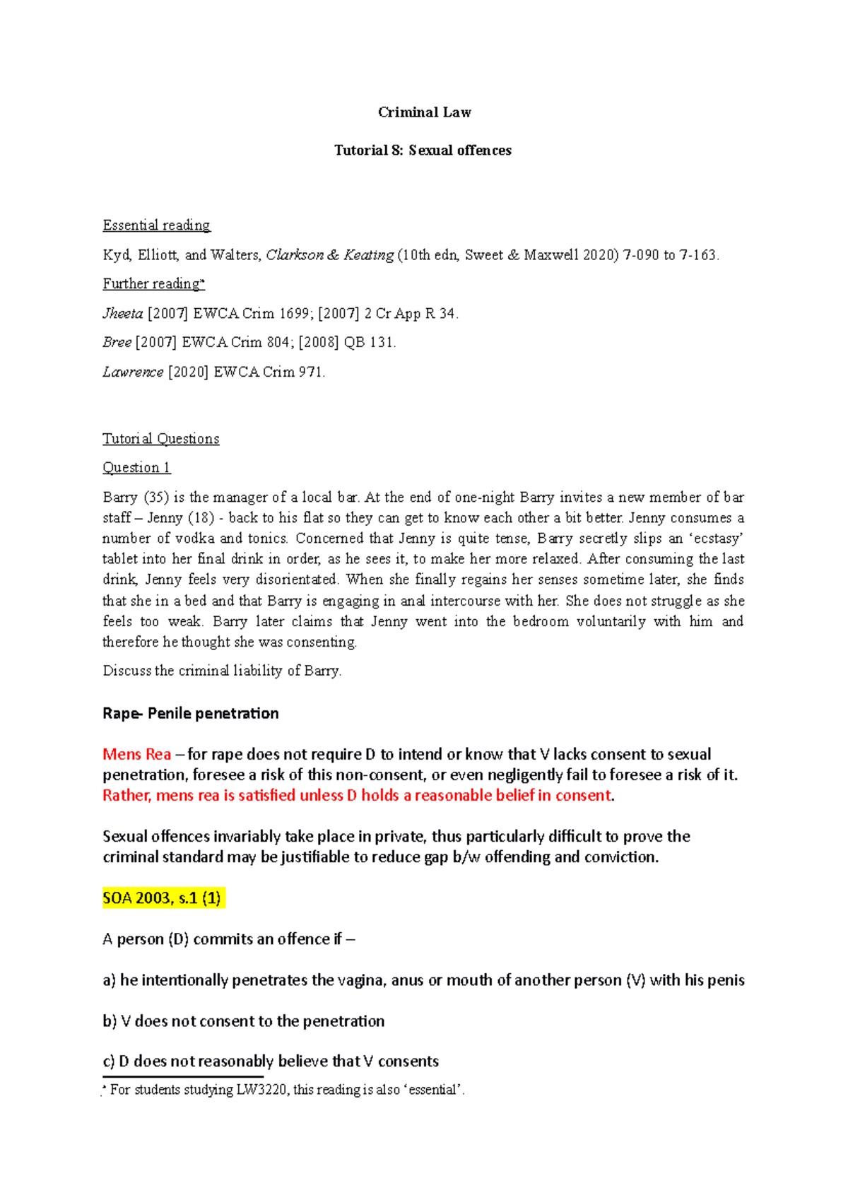 Tutorial 8 Sexual Offences - Criminal Law Tutorial 8: Sexual offences ...