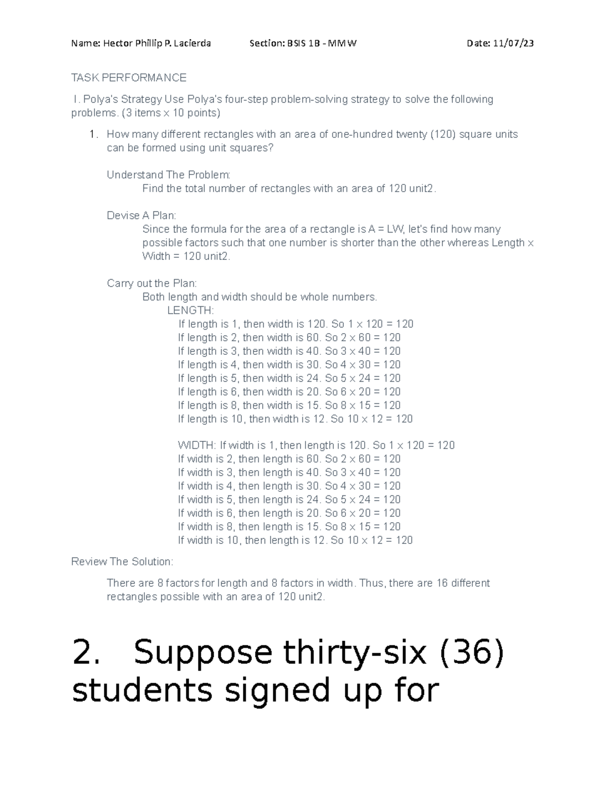 Polya's Strategy - MMW - Information - TASK PERFORMANCE I. Polya’s ...