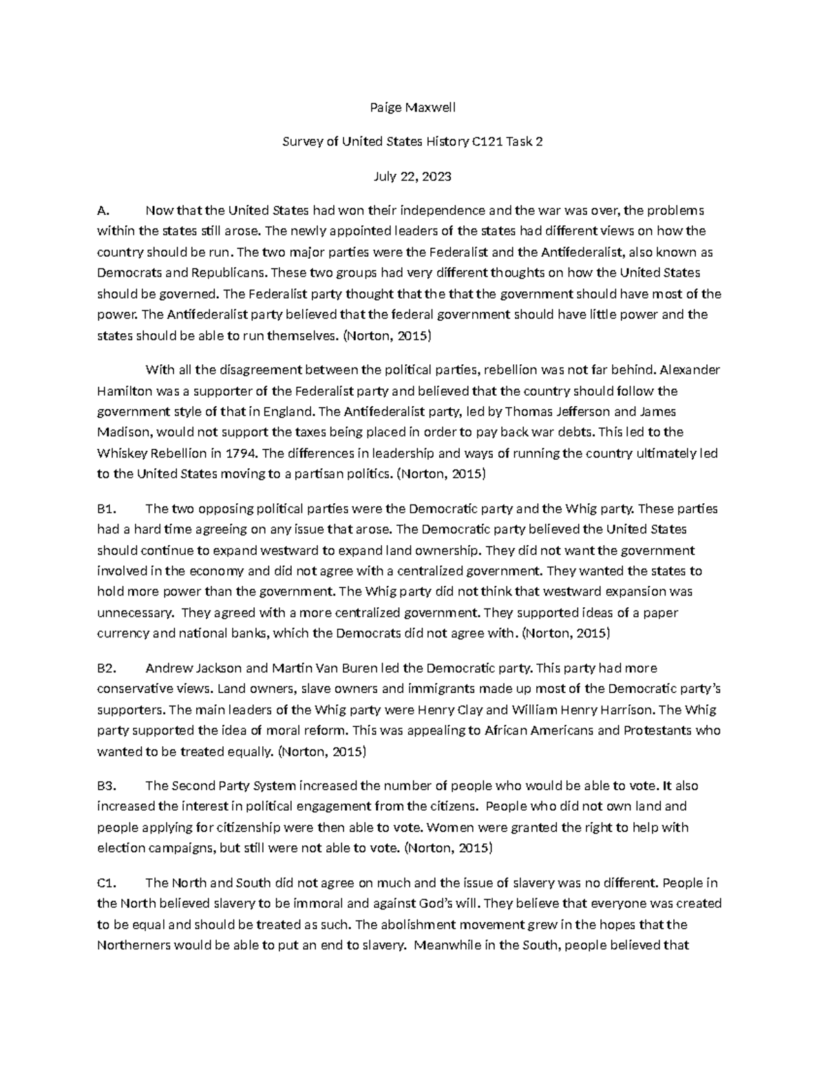 C121 Task 2 revision - Paige Maxwell Survey of United States History ...