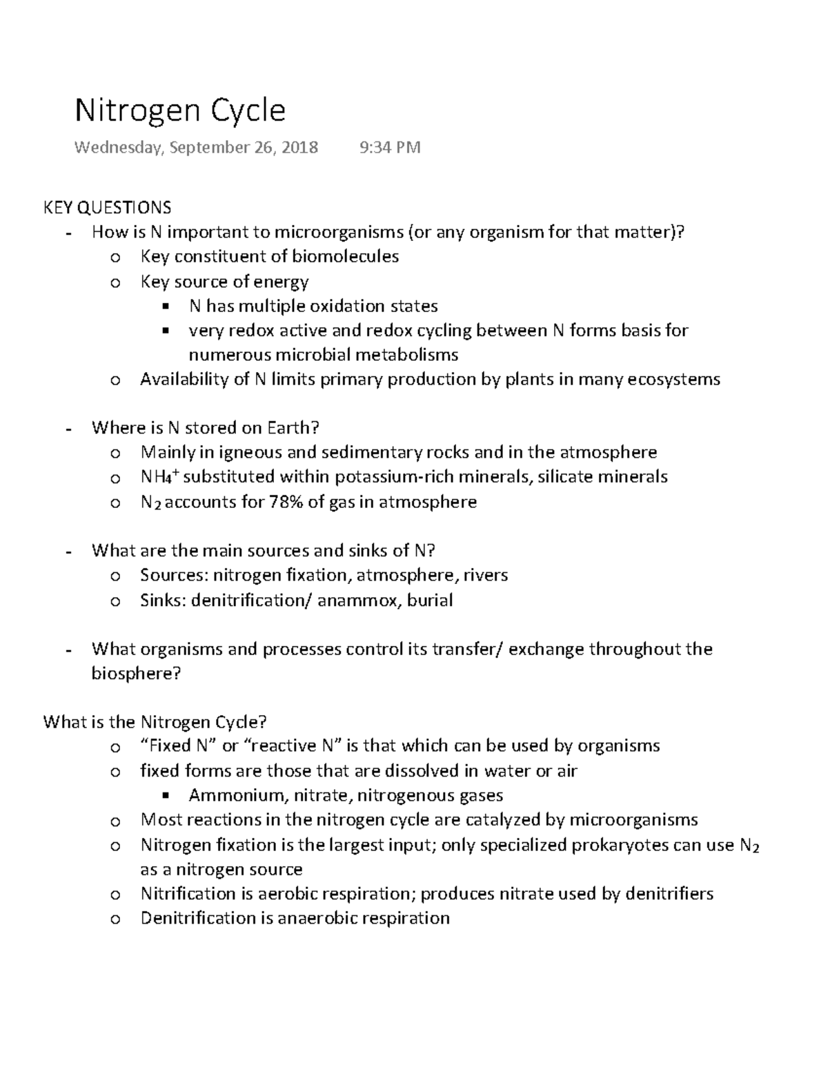 9/21 & 9/24 Nitrogen Cycle Lecture Notes - Nitrogen Cycle Wednesday ...