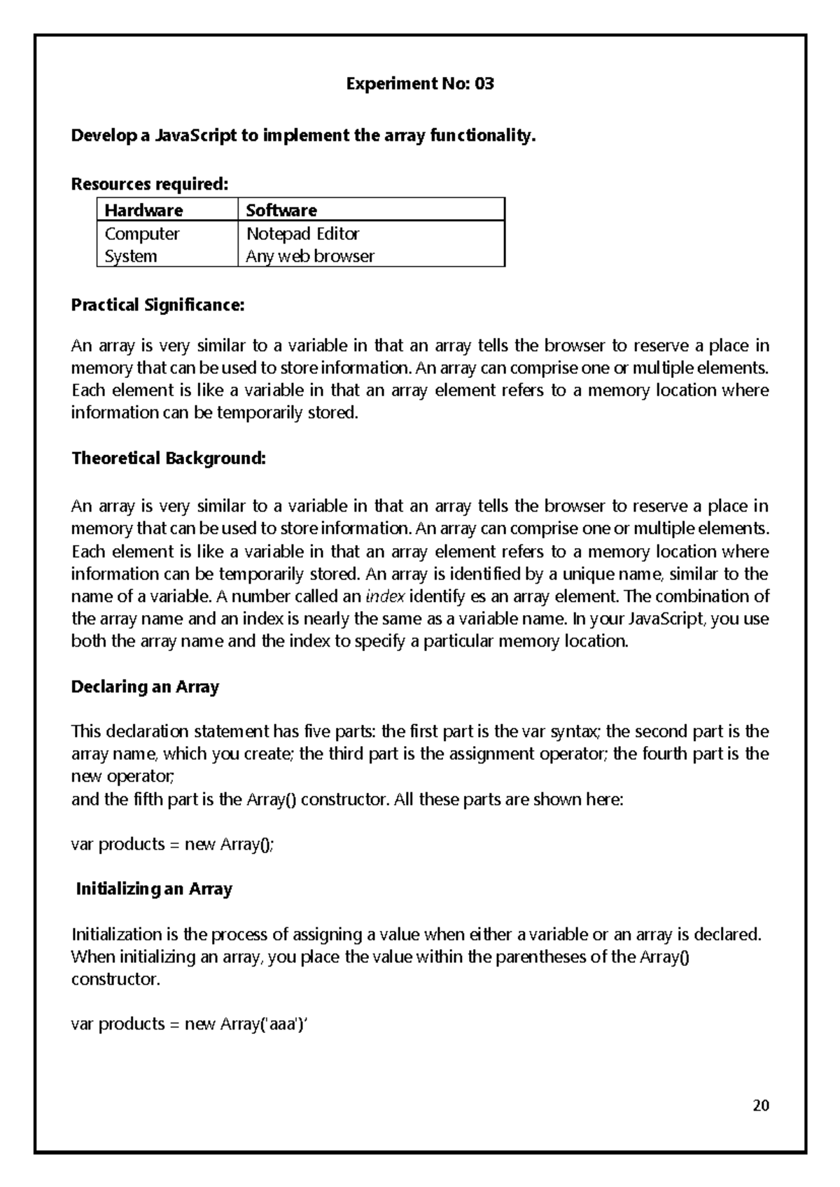 Experiment 3 - 20 Experiment No: 03 Develop a JavaScript to implement the array functionality ...