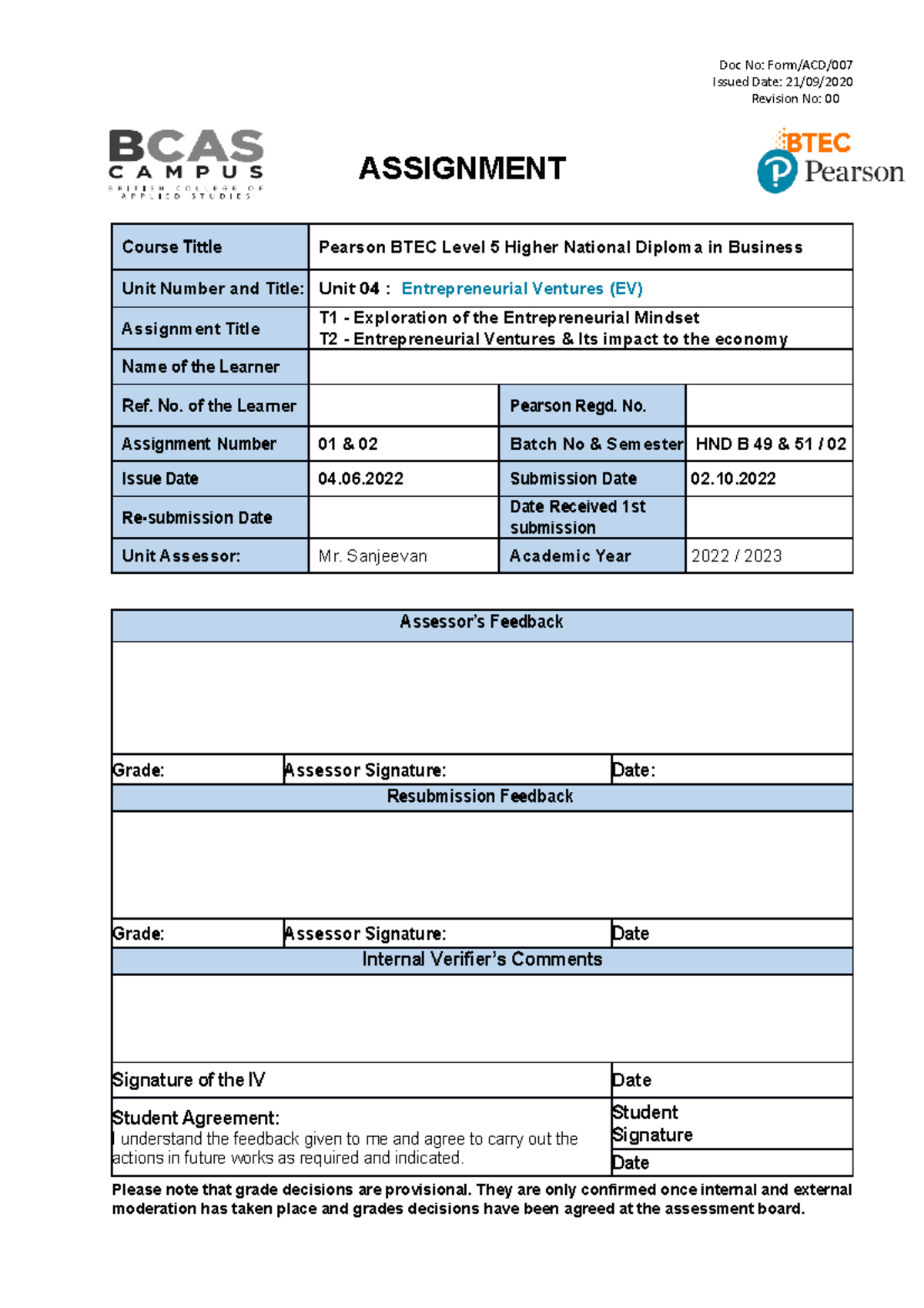 EV Final Assignment Brief (Sep 2021) - HND B 49 51 - Doc No: Form/ACD ...