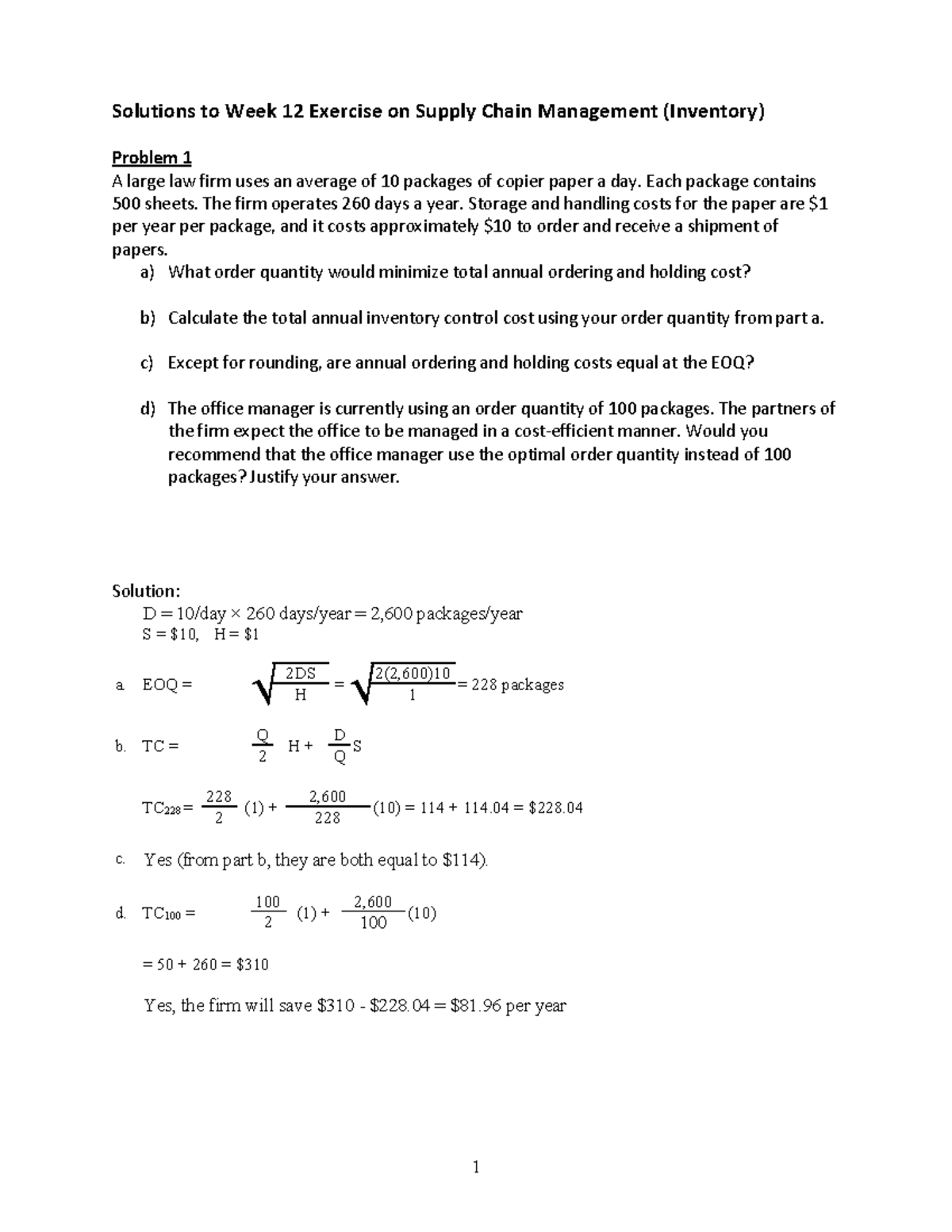 Solutions to Week 12 Exercise (Inventory Management) - 1 Solutions to Week 12 Exercise on Supply ...