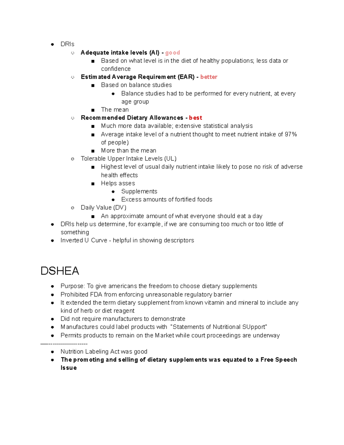Nutrition and Health Notes - DRIs Adequate intake levels (AI) - good ...