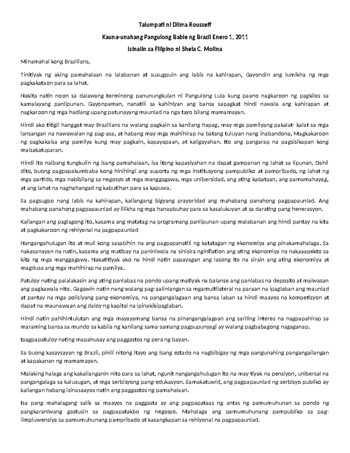 Talumpati ni Dilma Rousseff - Talumpati ni Dilma Rousseff Kauna-unahang ...