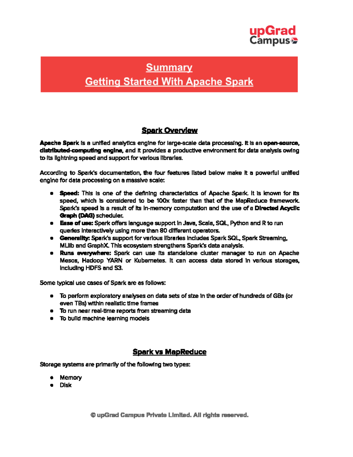 Spark 1 - upGrad Campus Summary Getting Started With Apache Spark Spark ...