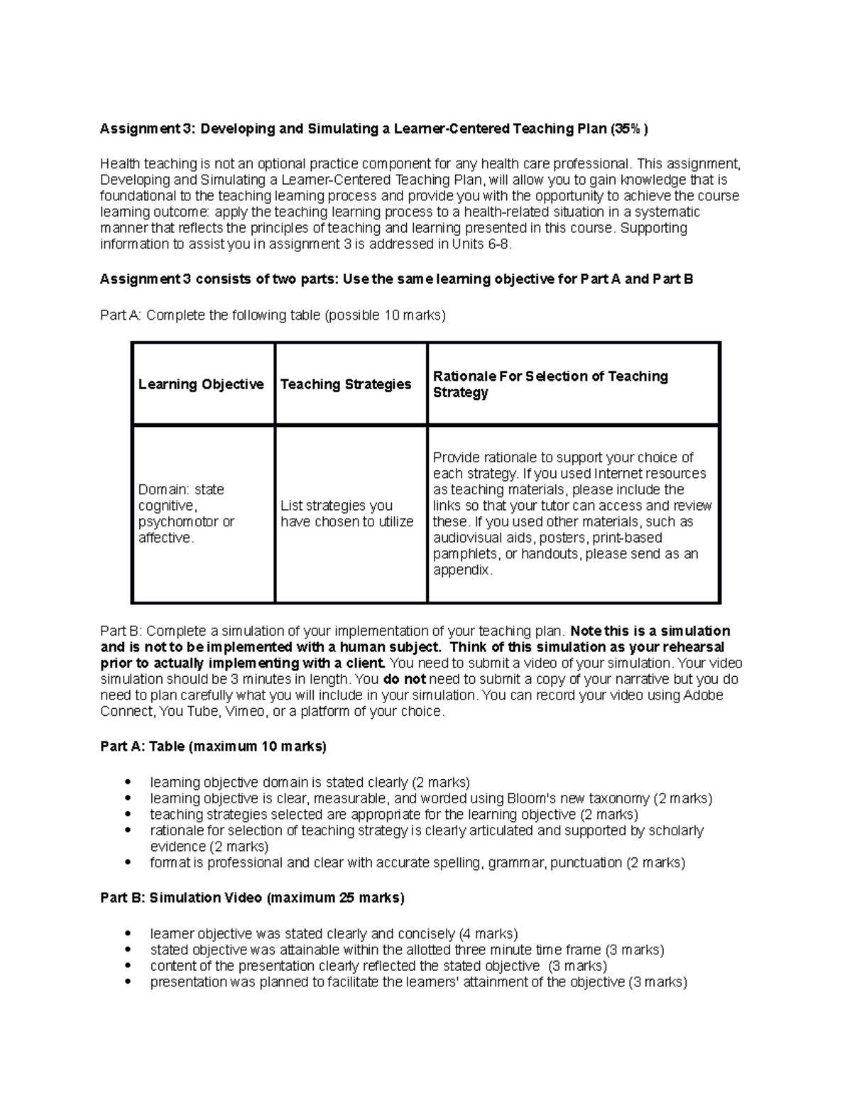 Rubric-3-HLST320 - Assignment 3: Developing and Simulating a Learner-Centered Teaching Plan (35% ...