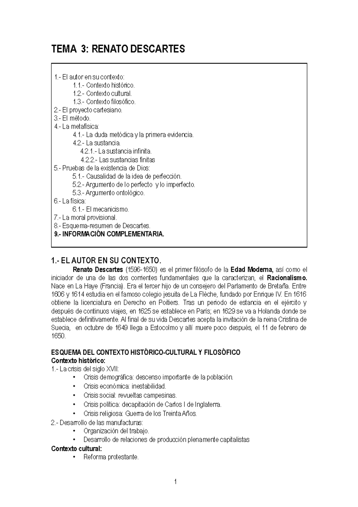 Resumen filosofía de Descartes (2 Bach) - TEMA 3: RENATO DESCARTES 1 ...